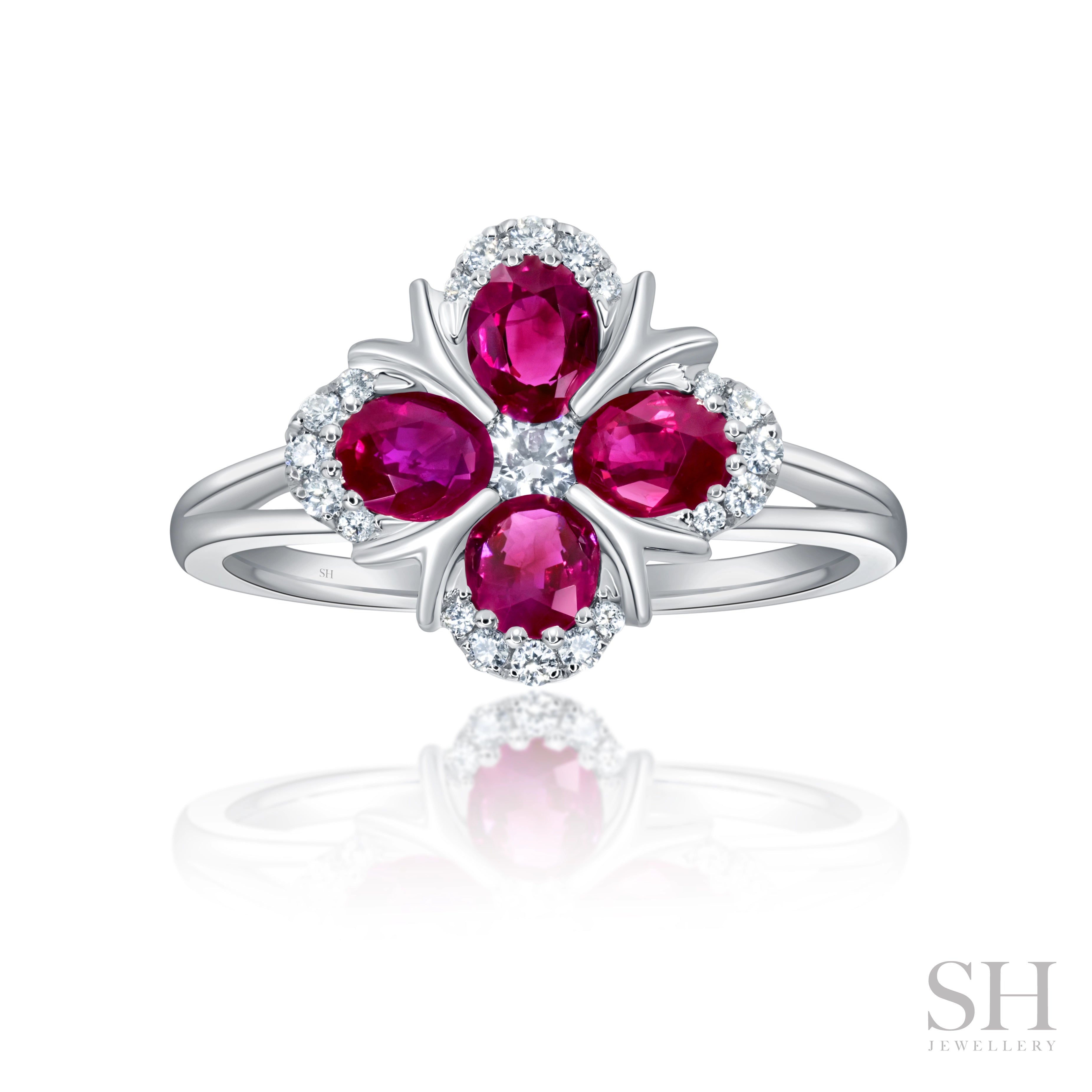 4-Petal Ruby Blossom Diamond Ring with Polished Band – SH Jewellery